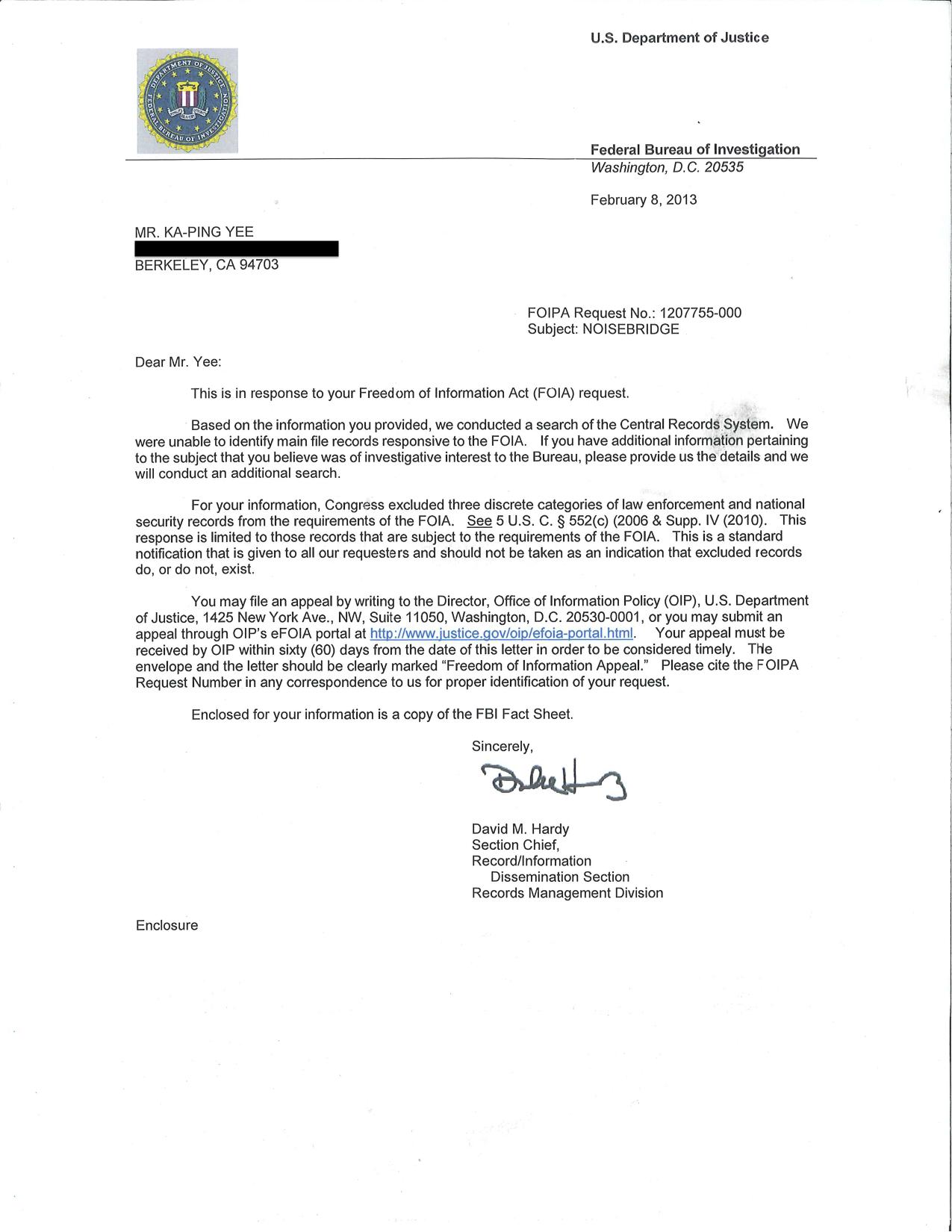 FOIA letter - Noisebridge FOIA letter - Noisebridge